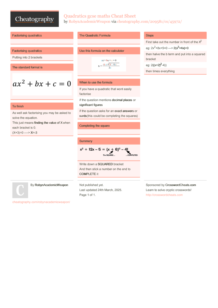 Quadratics gcse maths Cheat Sheet by RobynAcademicWeapon - Download ...