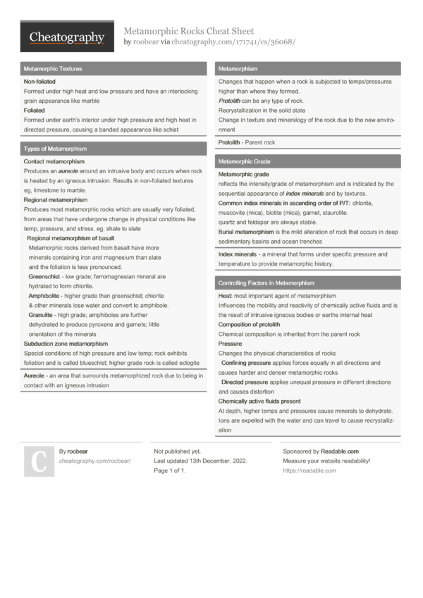 Metamorphic Rocks Cheat Sheet by roobear - Download free from ...