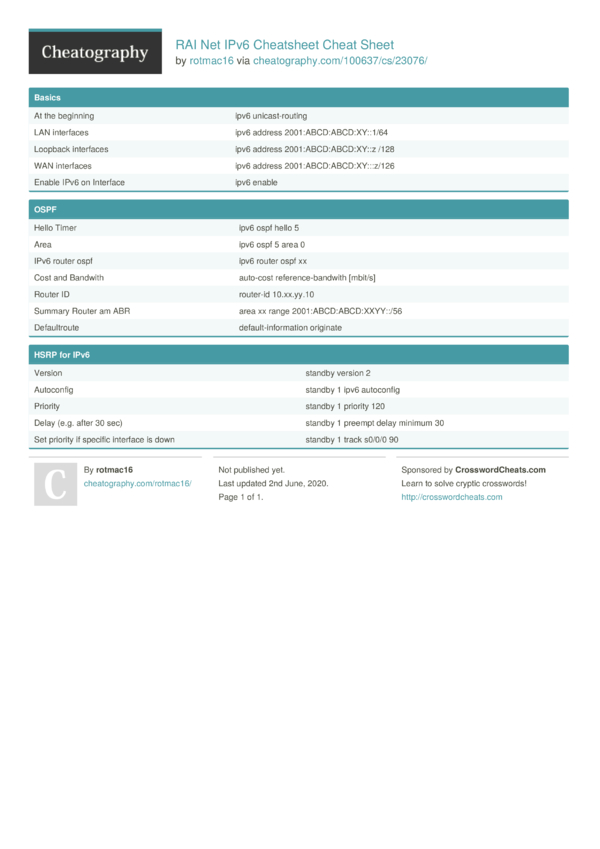 RAI Net IPv6 Cheatsheet Cheat Sheet by rotmac16 - Download free from ...