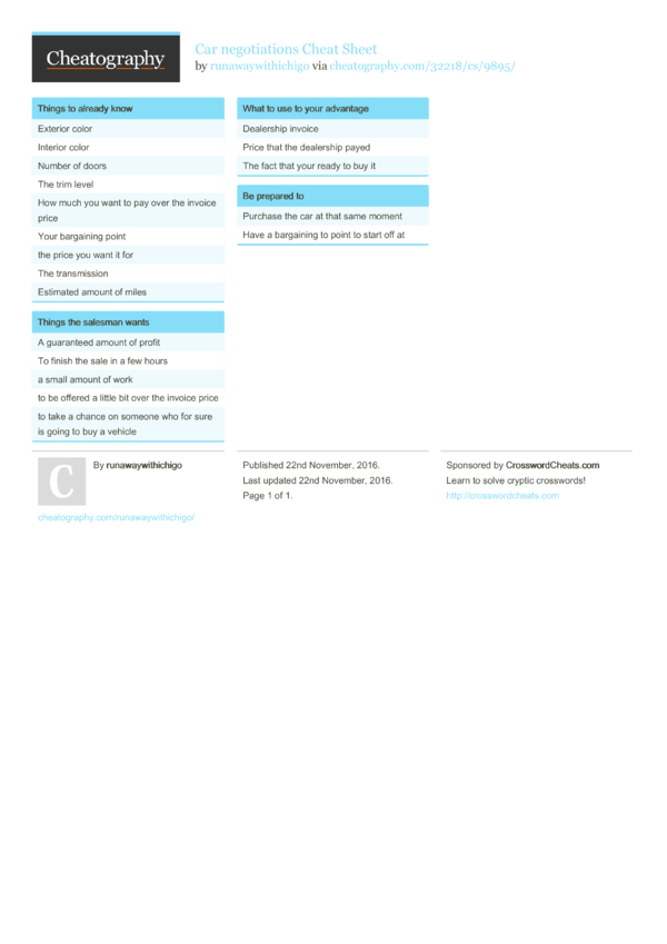 Car negotiations Cheat Sheet by runawaywithichigo - Download free from ...