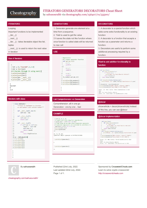ITERATORS GENERATORS DECORATORS Cheat Sheet by sahusourabh - Download ... ITERATORS GENERATORS DECORATORS Cheat Sheet by sahusourabh - Download ...