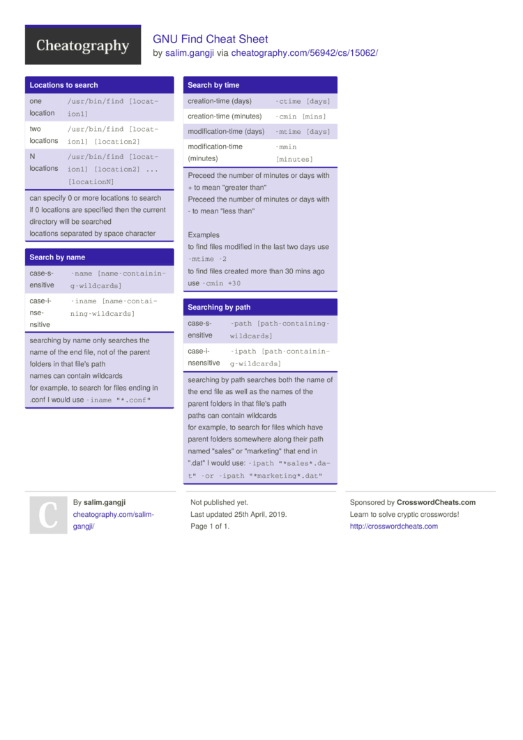 GNU Find Cheat Sheet by salim.gangji - Download free from Cheatography ... GNU Find Cheat Sheet by salim.gangji - Download free from Cheatography ...