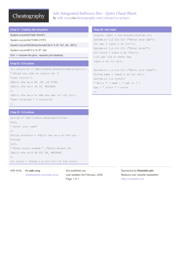 Adv Integrated Software Dev - Quiz1 Cheat Sheet by sally sung ...