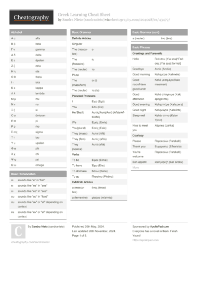 Greek - Basics Cheat Sheet by Sam Hill - Download free from ...