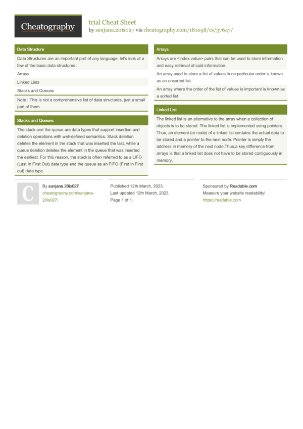 trial Cheat Sheet by sanjana.20is027 - Download free from Cheatography - Cheatography.com: Cheat ...