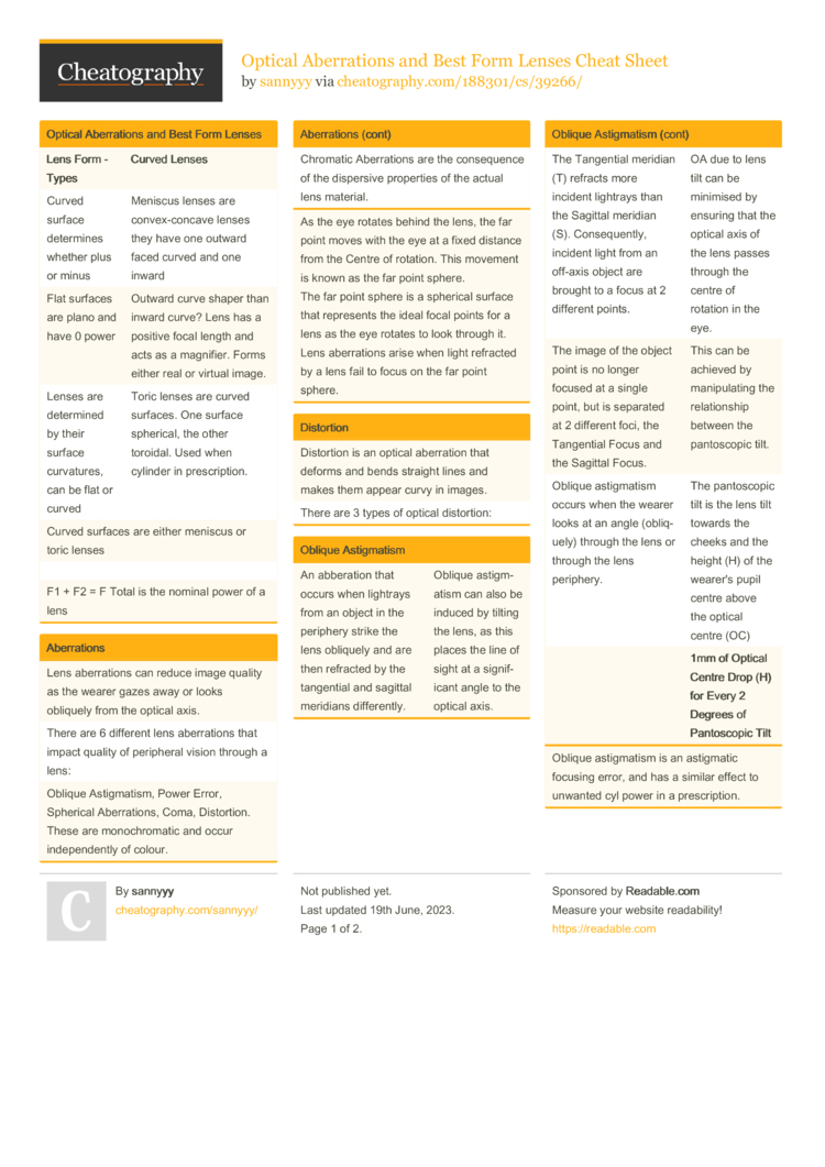 Optical Aberrations and Best Form Lenses Cheat Sheet by sannyyy - Download free from ...