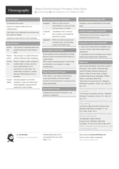 Object Oriented Design Cheat Sheet By David Download Free From Cheatography
