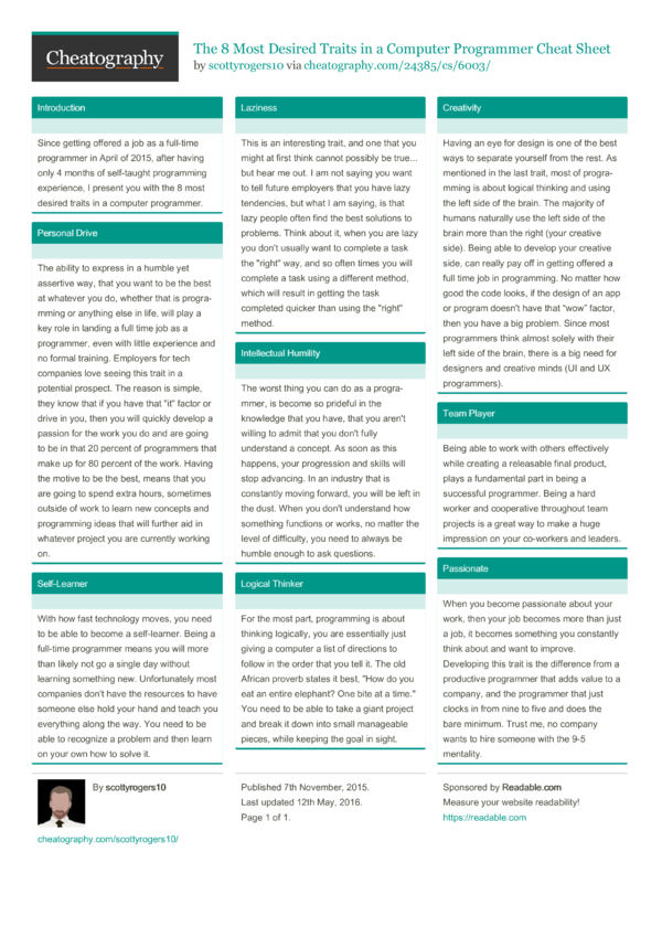 The 8 Most Desired Traits in a Computer Programmer Cheat Sheet by ...