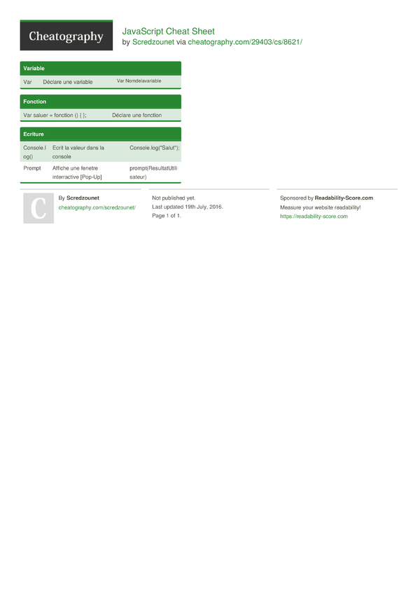 JavaScript Cheat Sheet by Scredzounet - Download free from Cheatography ...