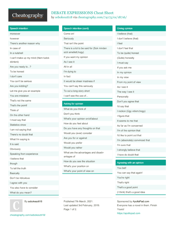 DEBATE EXPRESSIONS Cheat Sheet by sebokeszti18 - Download free from ...