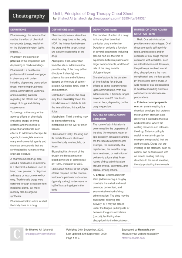 Unit I, Principles of Drug Therapy Cheat Sheet by shahed - Download ...