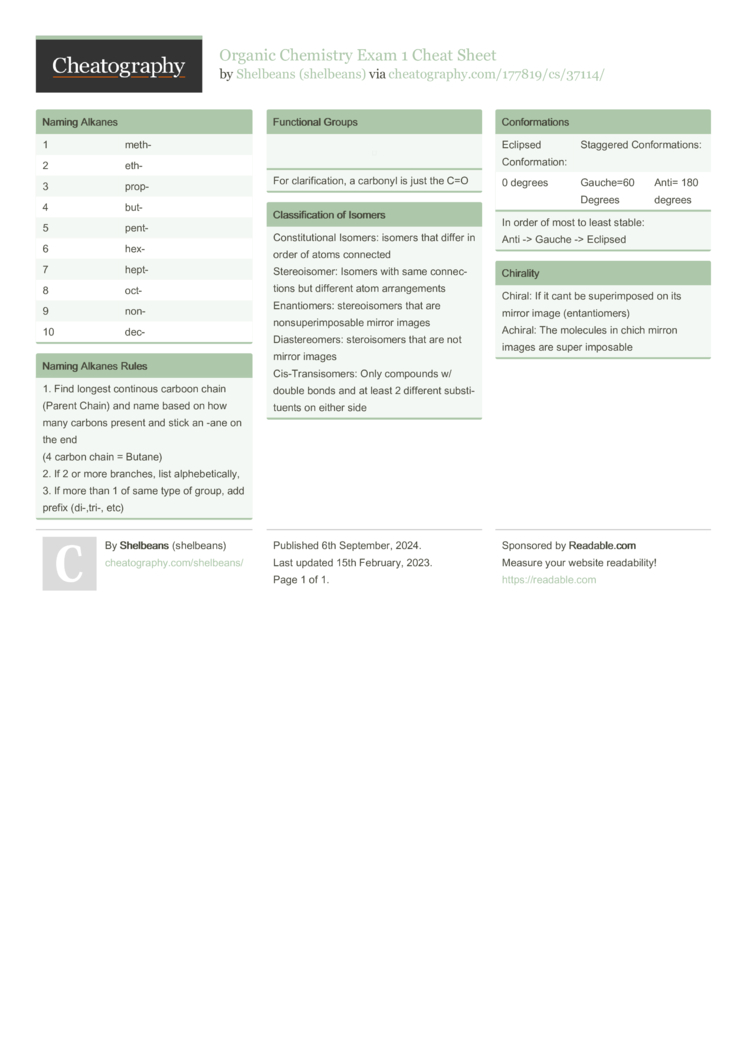 Organic Chemistry Exam 1 Cheat Sheet by shelbeans - Download free from ...