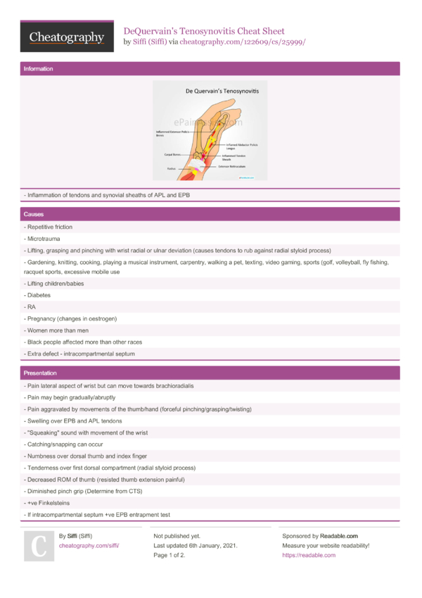 DeQuervain's Tenosynovitis Cheat Sheet by Siffi - Download free from ...