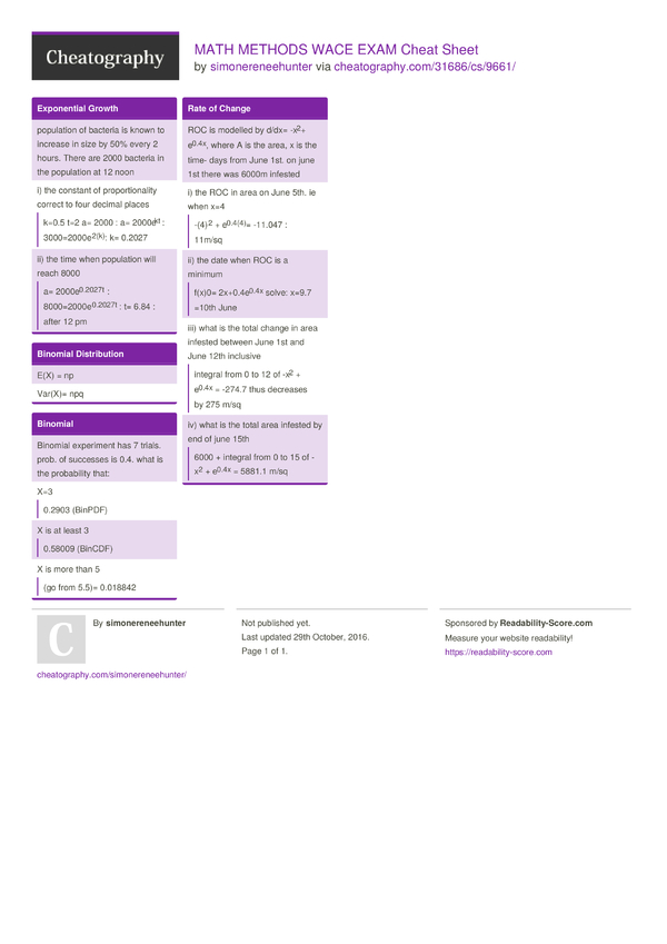 MATH METHODS WACE EXAM Cheat Sheet by simonereneehunter - Download free ...