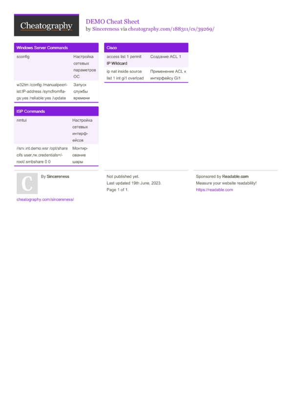 DEMO Cheat Sheet by Sincereness - Download free from Cheatography - Cheatography.com: Cheat ...