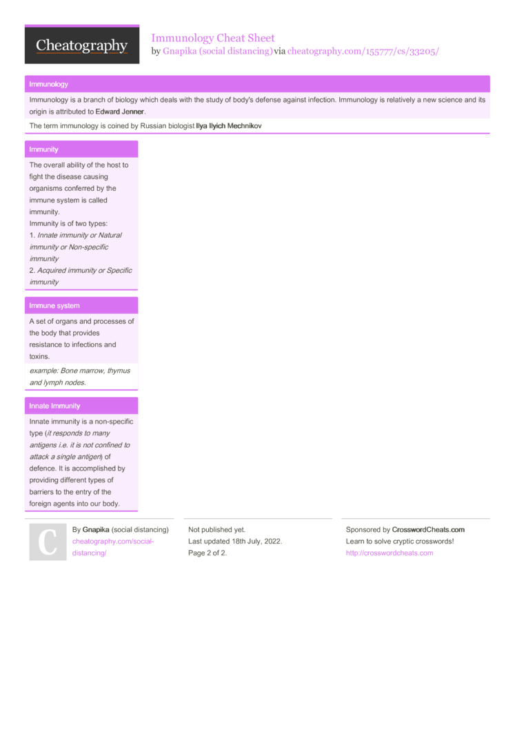Immunology Cheat Sheet Adaptive Immune Response | Concise Medical