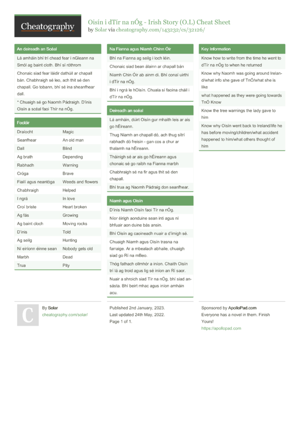 Oisín i dTír na nÓg - Irish Story (O.L) Cheat Sheet by Solar - Download ...