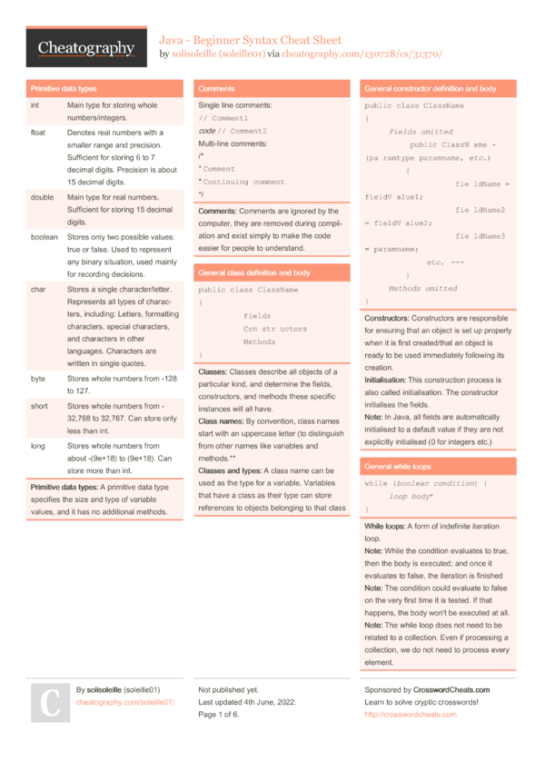 Java - Beginner Syntax Cheat Sheet by soleille01 - Download free from ... Java - Beginner Syntax Cheat Sheet by soleille01 - Download free from ...