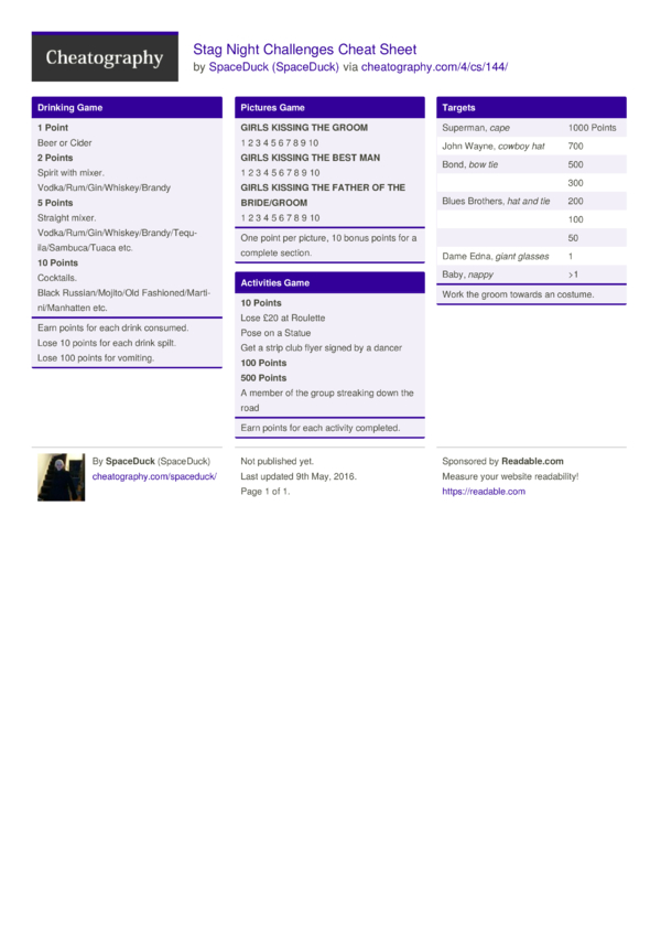Stag Night Challenges Cheat Sheet by SpaceDuck - Download free from ...