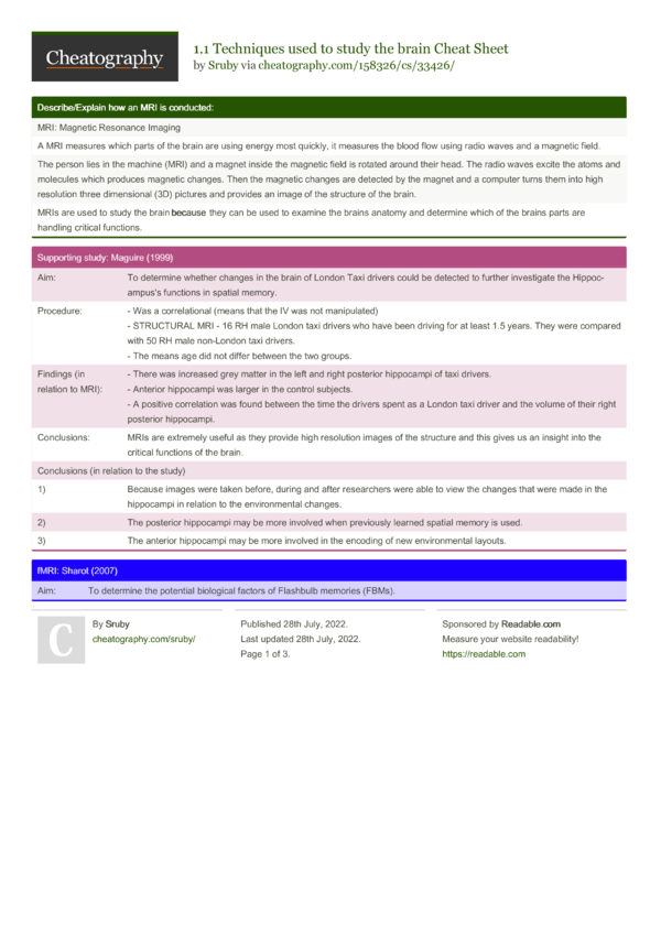 1.1 Techniques used to study the brain Cheat Sheet by Sruby - Download ...