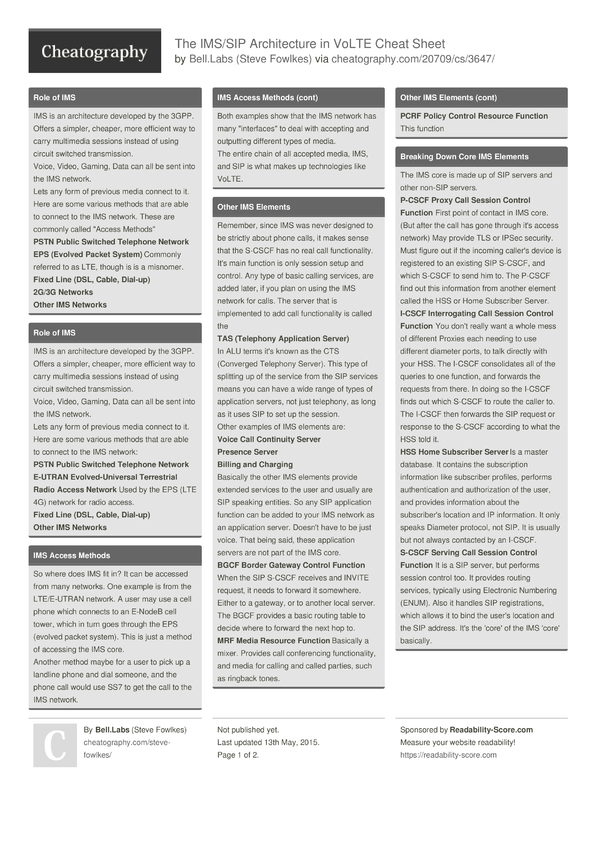 The IMS/SIP Architecture in VoLTE Cheat Sheet by Steve Fowlkes - Download free from Cheatography ...