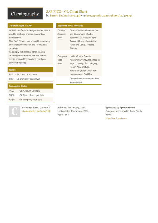 SAP FICO - GL Cheat Sheet by surya143 - Download free from Cheatography ...