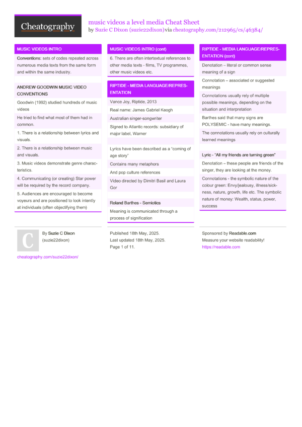 music videos a level media Cheat Sheet by suzie22dixon - Download free from Cheatography ...