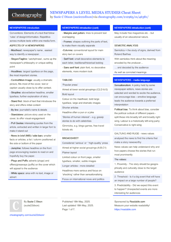 NEWSPAPERS A LEVEL MEDIA STUDIES Cheat Sheet by suzie22dixon - Download ...