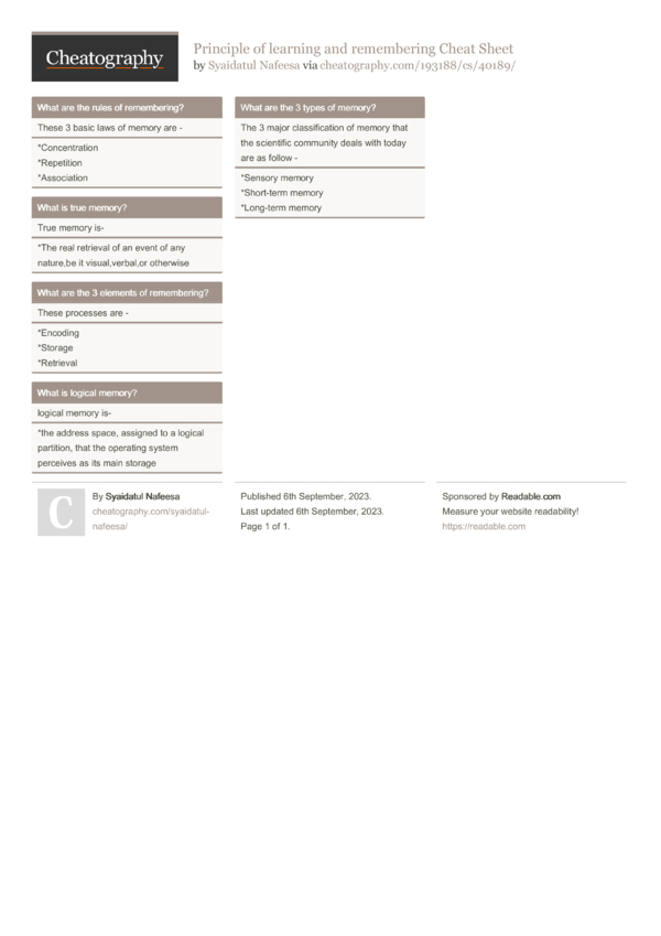 Principle of learning and remembering Cheat Sheet by Syaidatul Nafeesa ...