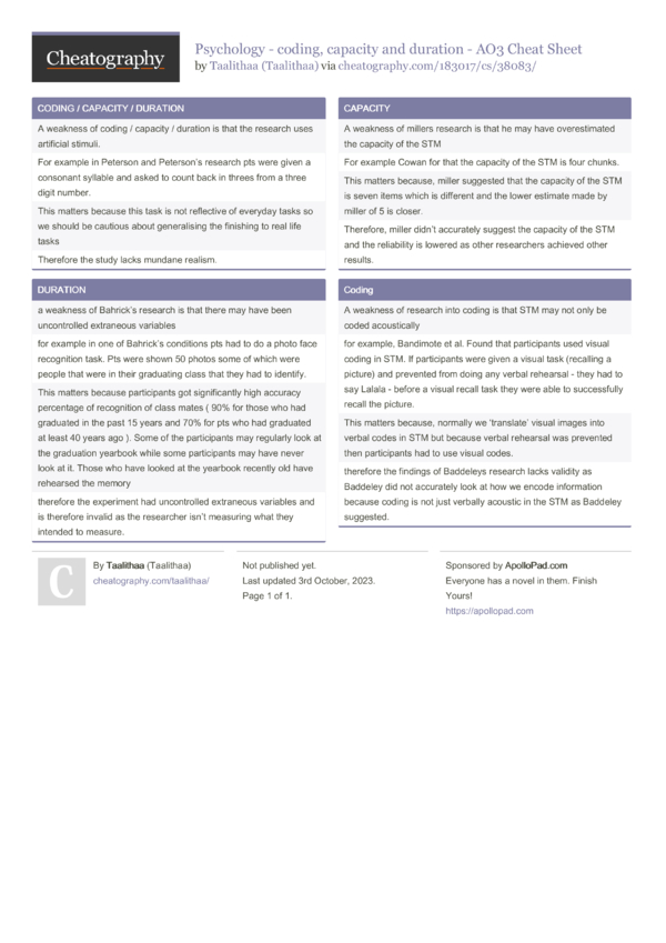 Psychology - coding, capacity and duration - AO3 Cheat Sheet by ...