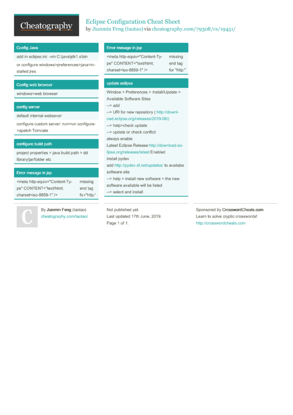Eclipse Configuration Cheat Sheet by taotao - Download free from ...