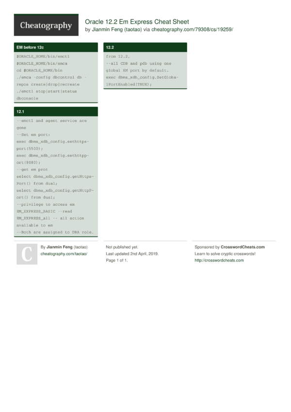 Oracle 12.2 Em Express Cheat Sheet by taotao - Download free from Cheatography - Cheatography ...