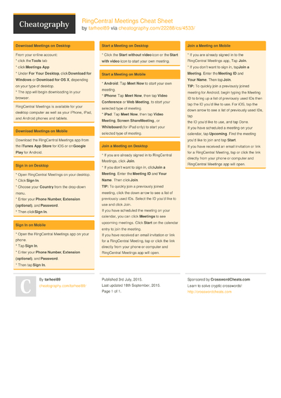 RingCentral User Guide Cheat Sheet by tarheel89 - Download free from ...