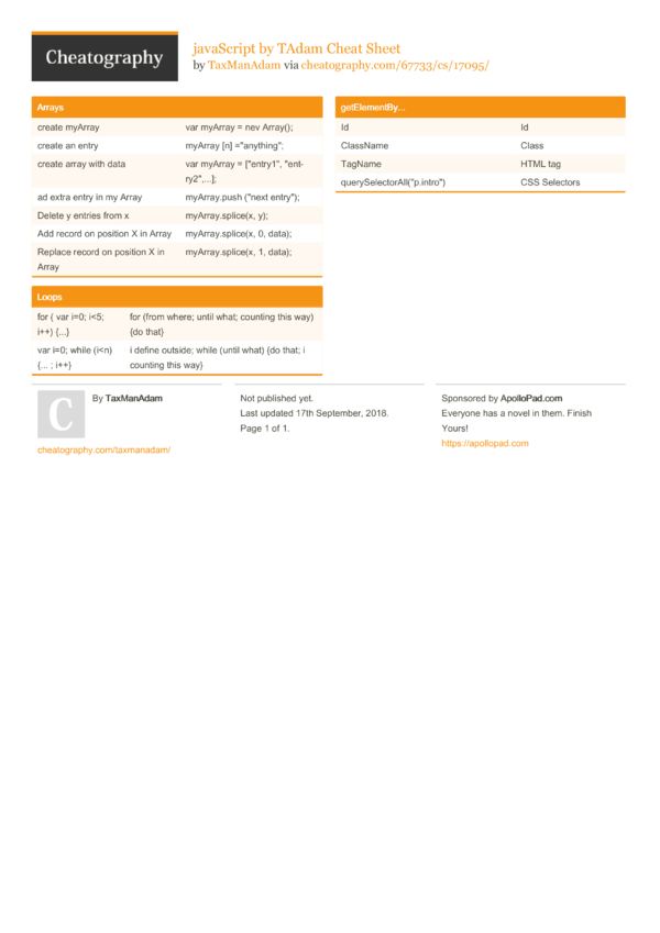javaScript by TAdam Cheat Sheet by TaxManAdam - Download free from ...