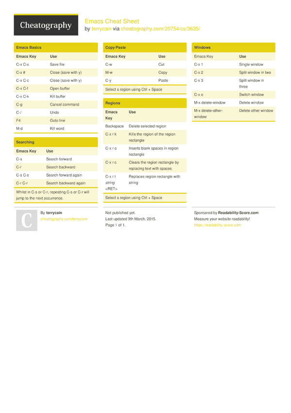 Emacs Cheat Sheet by terrycain - Download free from Cheatography ... Emacs Cheat Sheet by terrycain - Download free from Cheatography ...