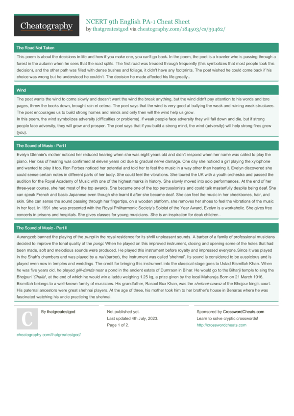 NCERT 9th English PA-1 Cheat Sheet by thatgreatestgod - Download free ...
