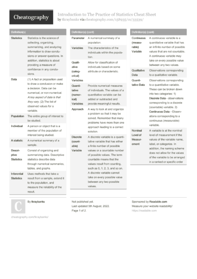 98 Statistics Cheat Sheets - Cheatography.com: Cheat Sheets For Every Occasion
