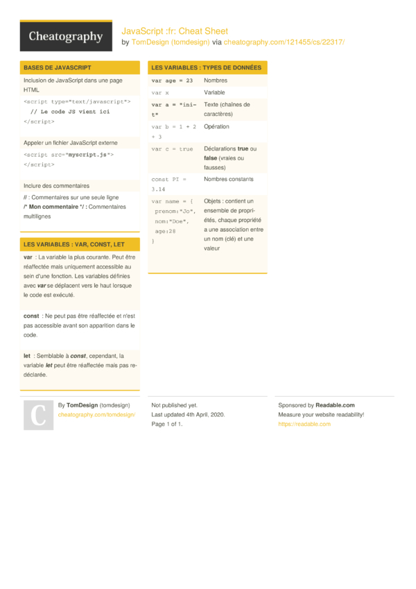 JavaScript :fr: Cheat Sheet by tomdesign - Download free from Cheatography - Cheatography.com ...