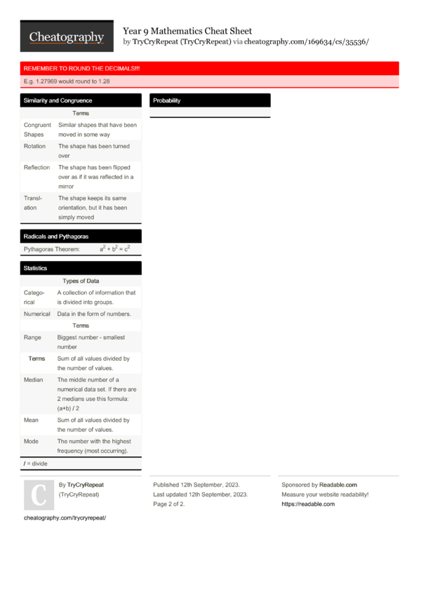 Year 9 Mathematics Cheat Sheet by TryCryRepeat - Download free from ...