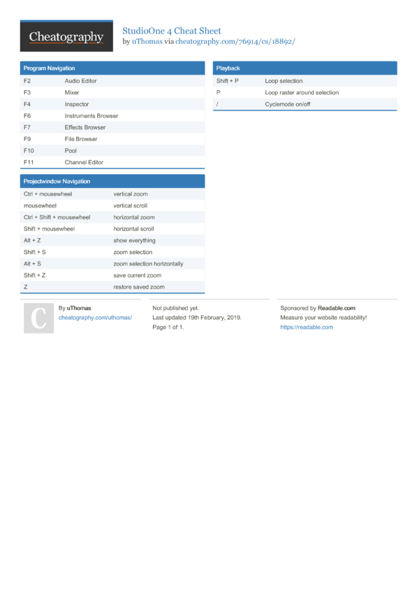 StudioOne 4 Cheat Sheet by uThomas - Download free from Cheatography ...