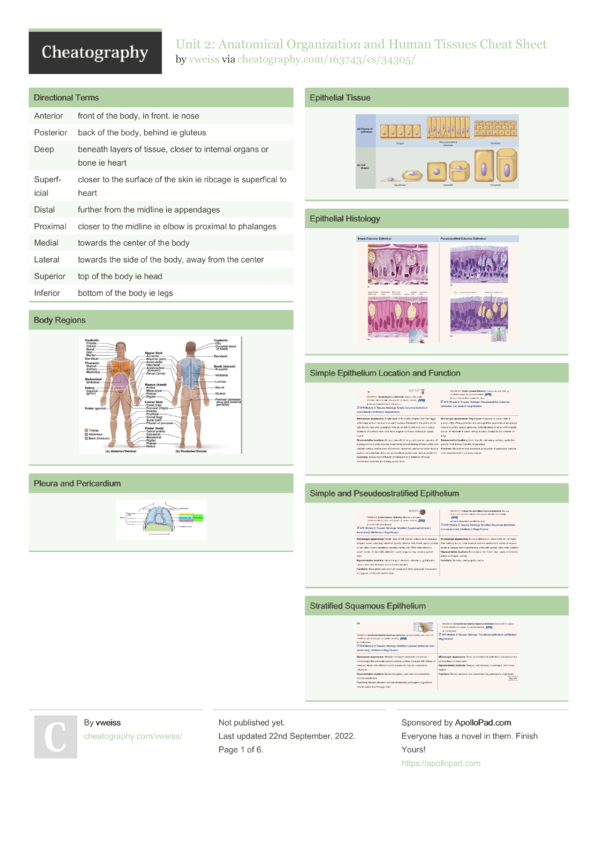 Unit 2: Anatomical Organization and Human Tissues Cheat Sheet by vweiss ...