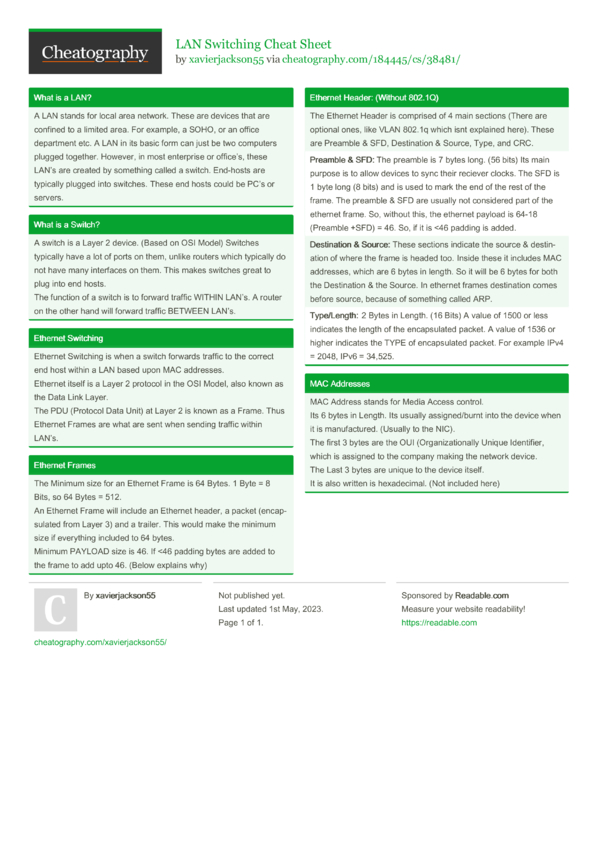 LAN Switching Cheat Sheet by xavierjackson55 - Download free from Cheatography - Cheatography ...
