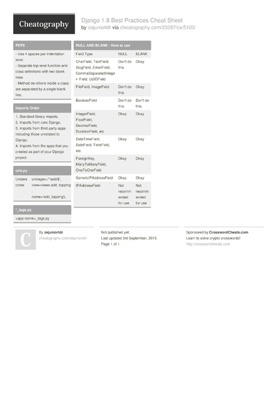 22 Django Cheat Sheets - Cheatography.com: Cheat Sheets For Every Occasion 22 Django Cheat Sheets - Cheatography.com: Cheat Sheets For Every Occasion
