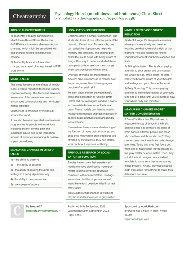 Psychology Holzel (mindfulness and brain scans) Cheat Sheet by Zmodak27 ...